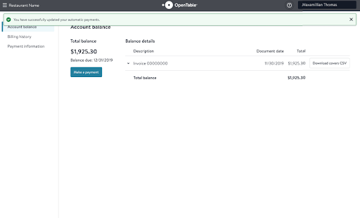 Manage your billing in OpenTable