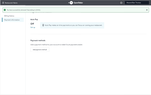Manage your billing in OpenTable