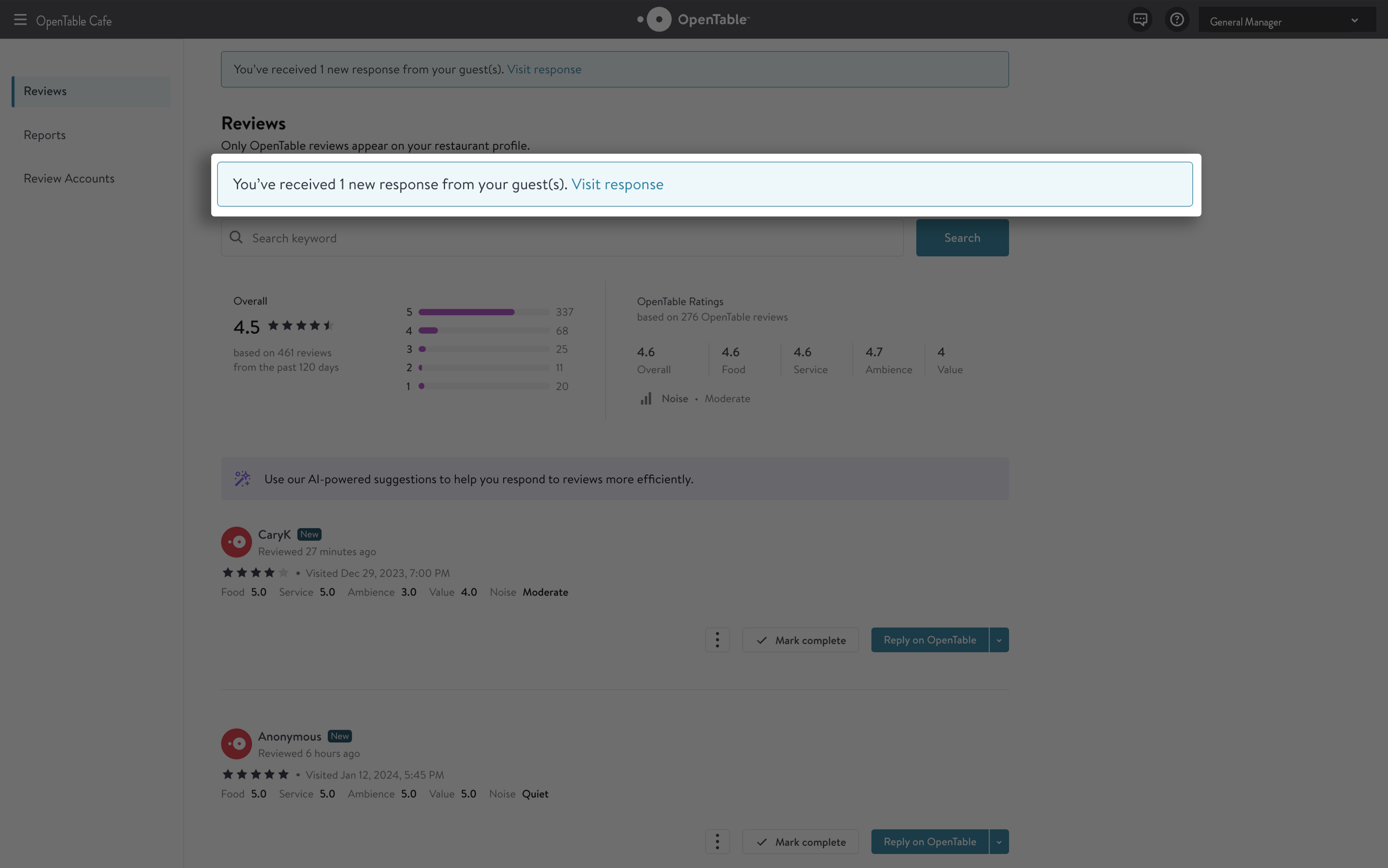 View and reply to reviews in OpenTable