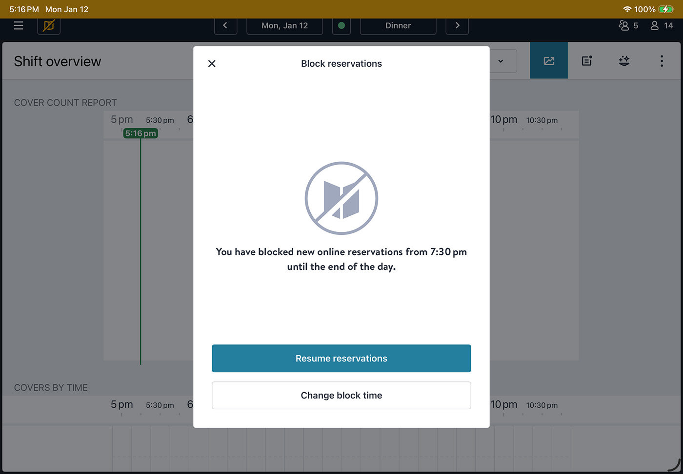 Block online reservations in OpenTable for Restaurants